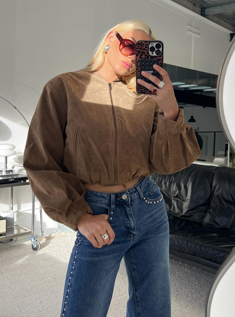 Mastery Faux Suede Bomber Jacket Brown | Princess Polly AU