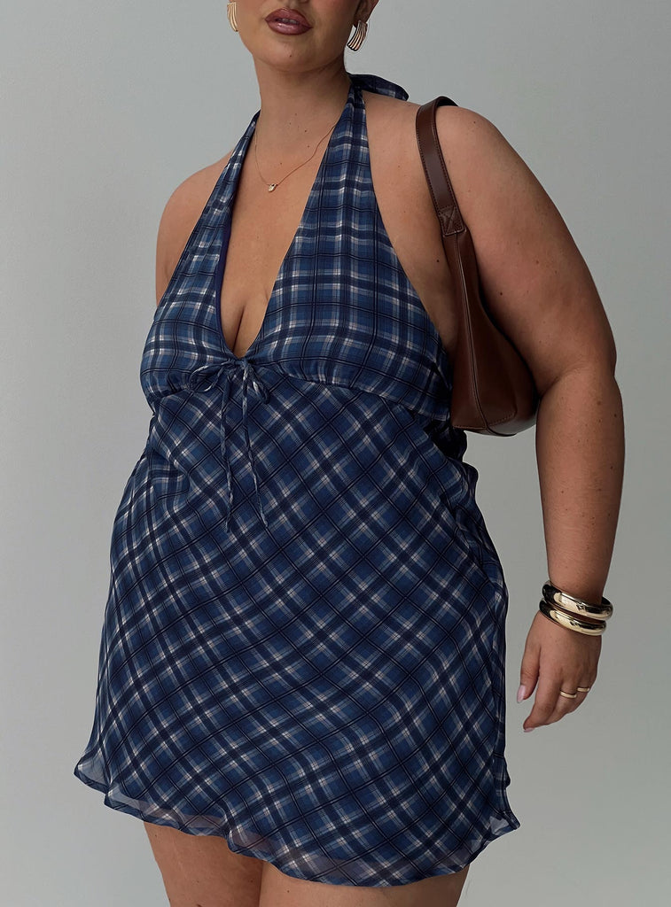 Laraline Halter Mini Dress Navy Check Curve | Princess Polly