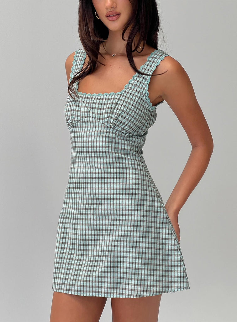 Dasha Mini Dress Blue Brown Check Princess Polly