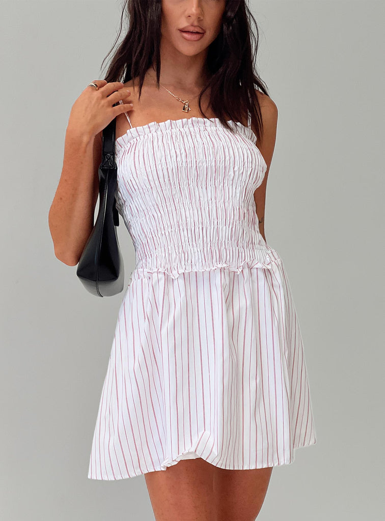 Fabray Shirred Stripe Mini Dress Red / White | Princess Polly AU