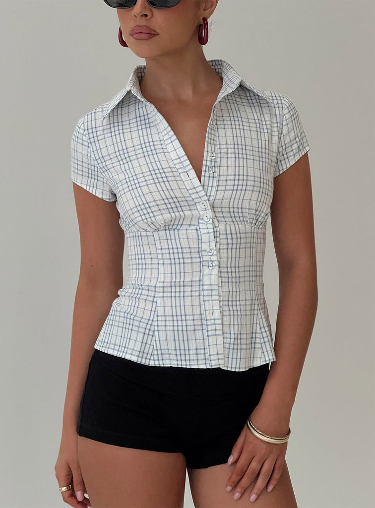 Cottesloe Blouse Top Blue Check | Princess Polly