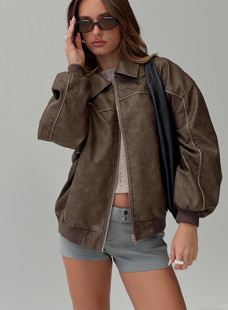 Goldsmith Faux Leather Bomber Jacket Washed Dark Brown | Princess Polly AU