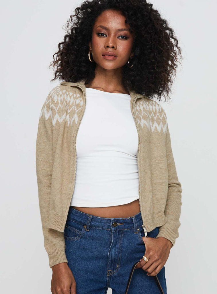 Lumsden Knit Zip Up Jumper Beige | Princess Polly AU