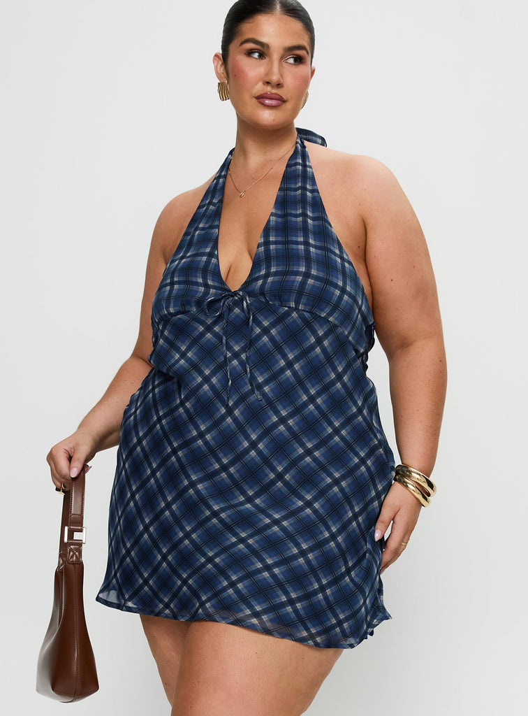 Laraline Halter Mini Dress Navy Check Curve | Princess Polly