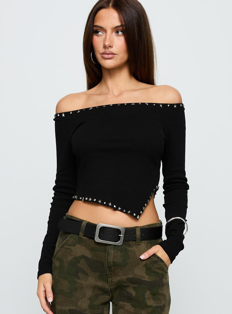 Perfect Cadence Stud Detail Off Shoulder Top Black | Princess Polly AU