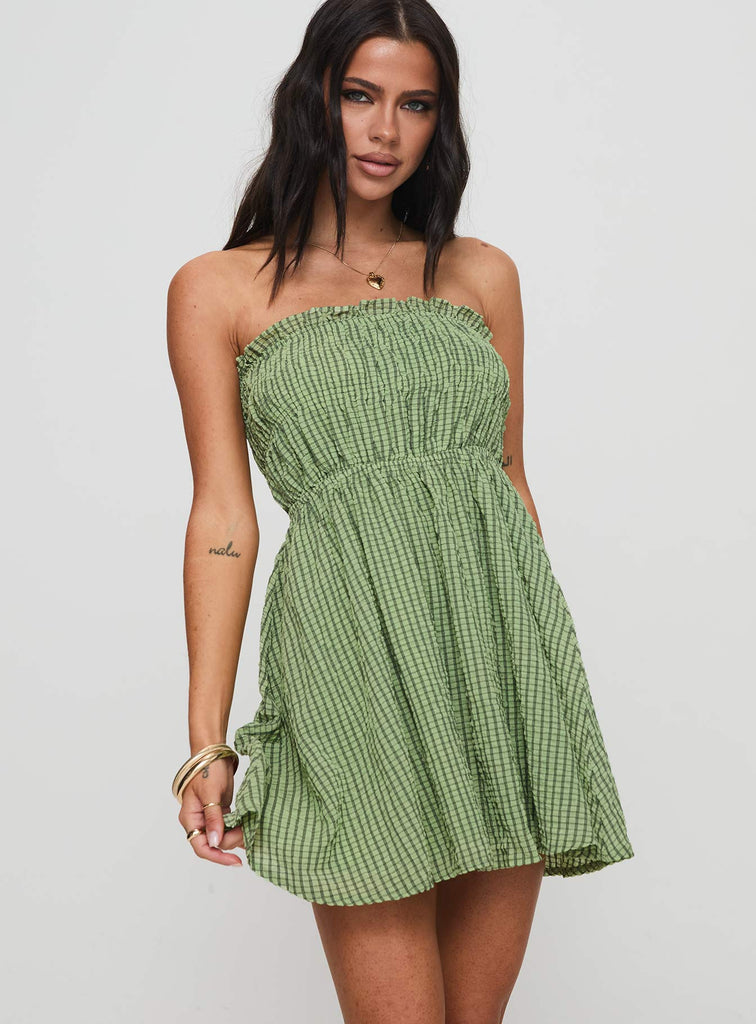 Paper Rings Strapless Shirred Mini Dress Green Check | Princess Polly AU