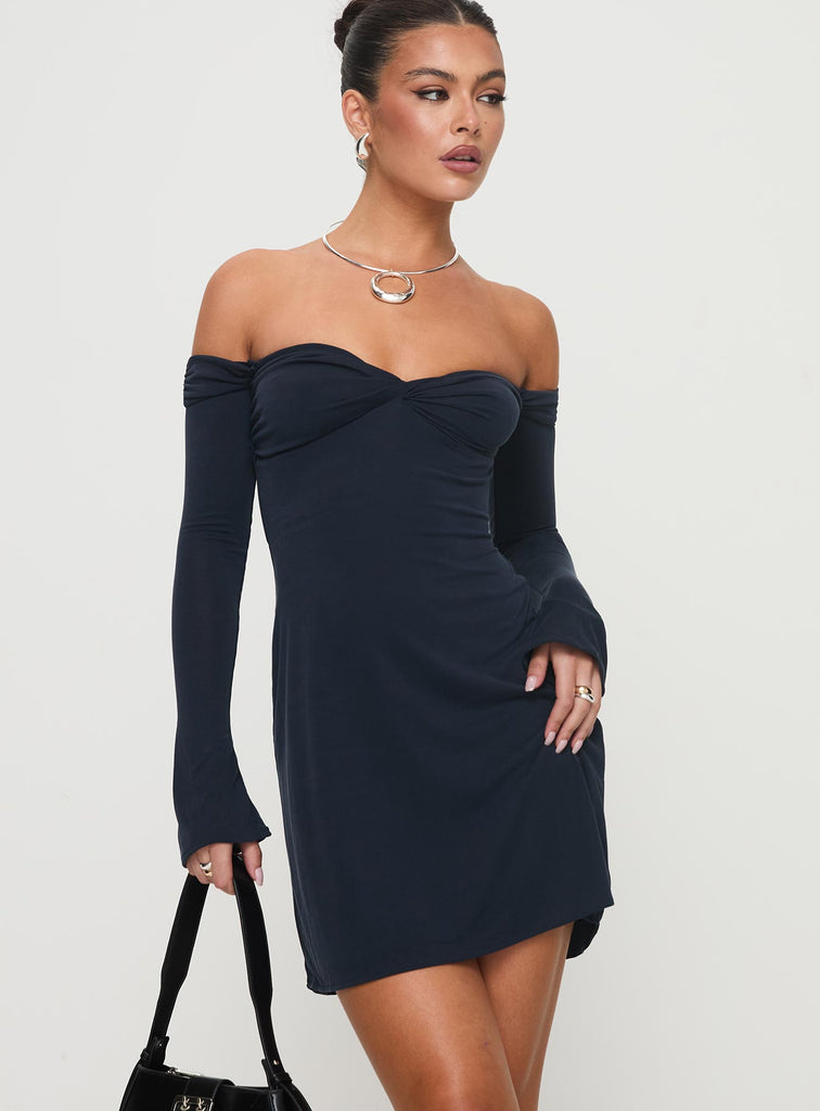 Suizie Off The Shoulder Mini Dress Navy | Princess Polly AU
