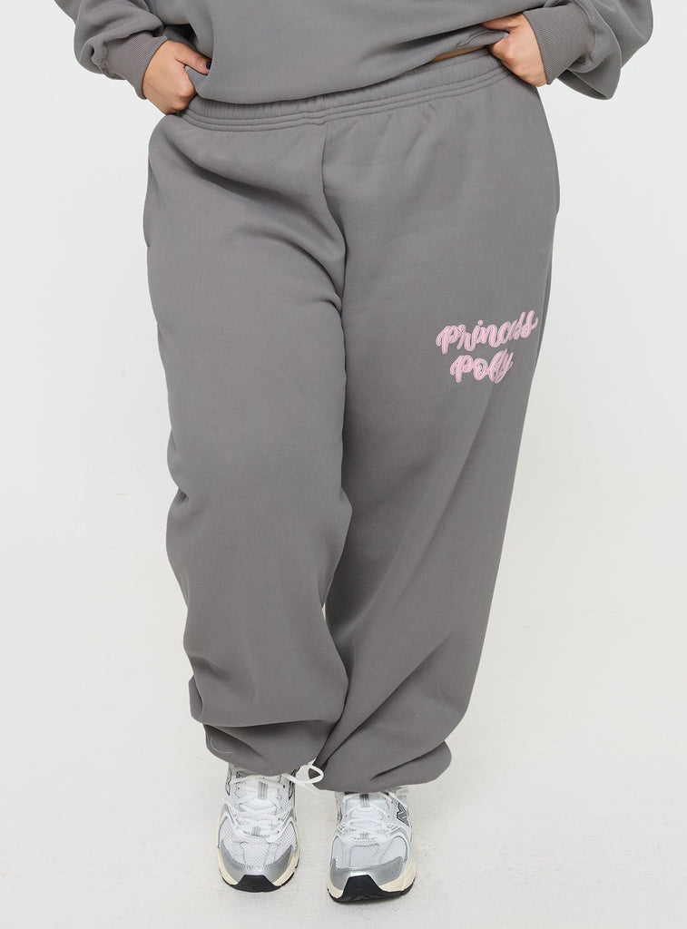 Princess Polly Track Pants Puff Text Charcoal Curve | Princess Polly AU
