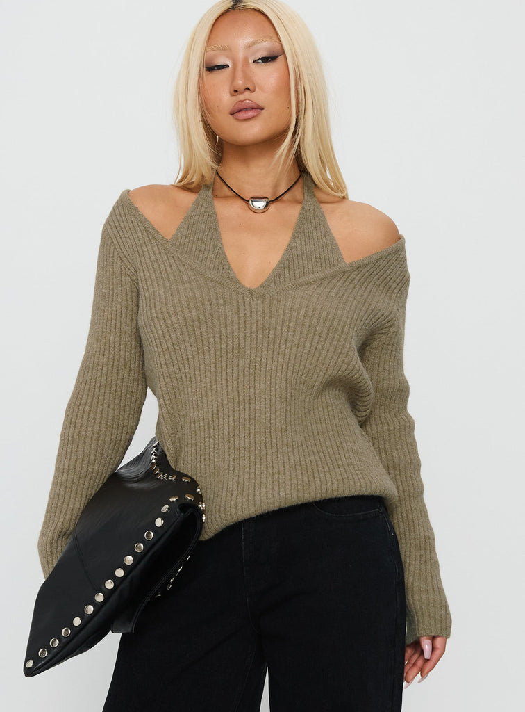 Sensibility Halter Detail Knit Sweater Green | Princess Polly AU