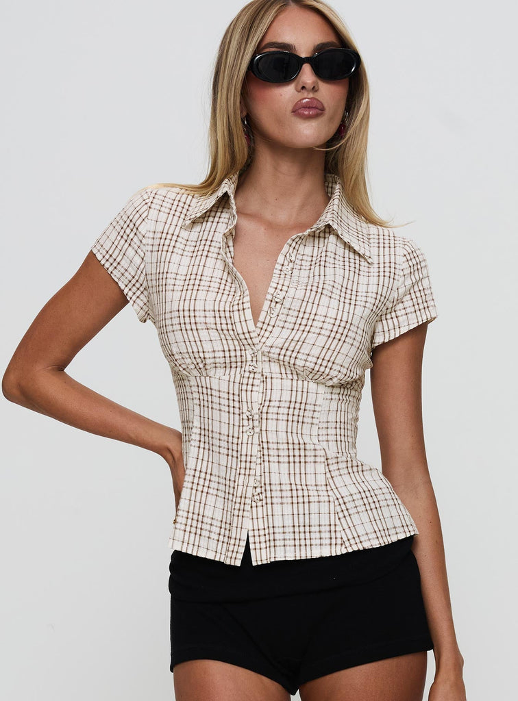 Cottesloe Blouse Top Brown Check | Princess Polly AU