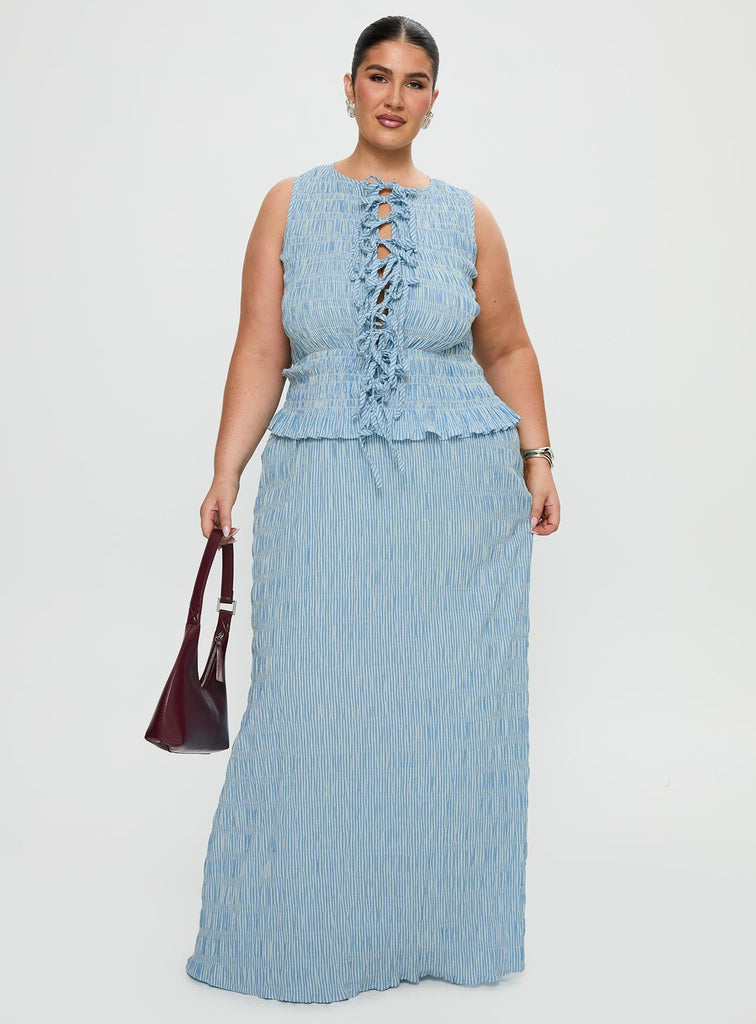 Songbird Shirred Maxi Dress Blue Curve | Princess Polly