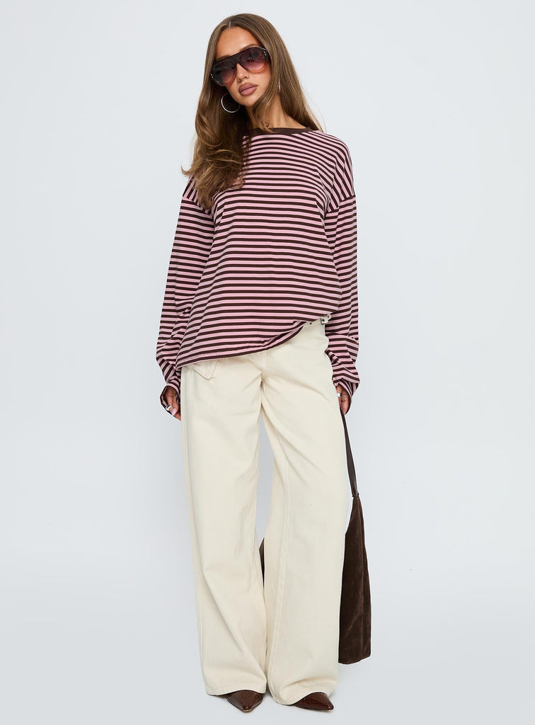 Settle Down Long Sleeve Top Pink / Brown Stripe | Princess Polly AU