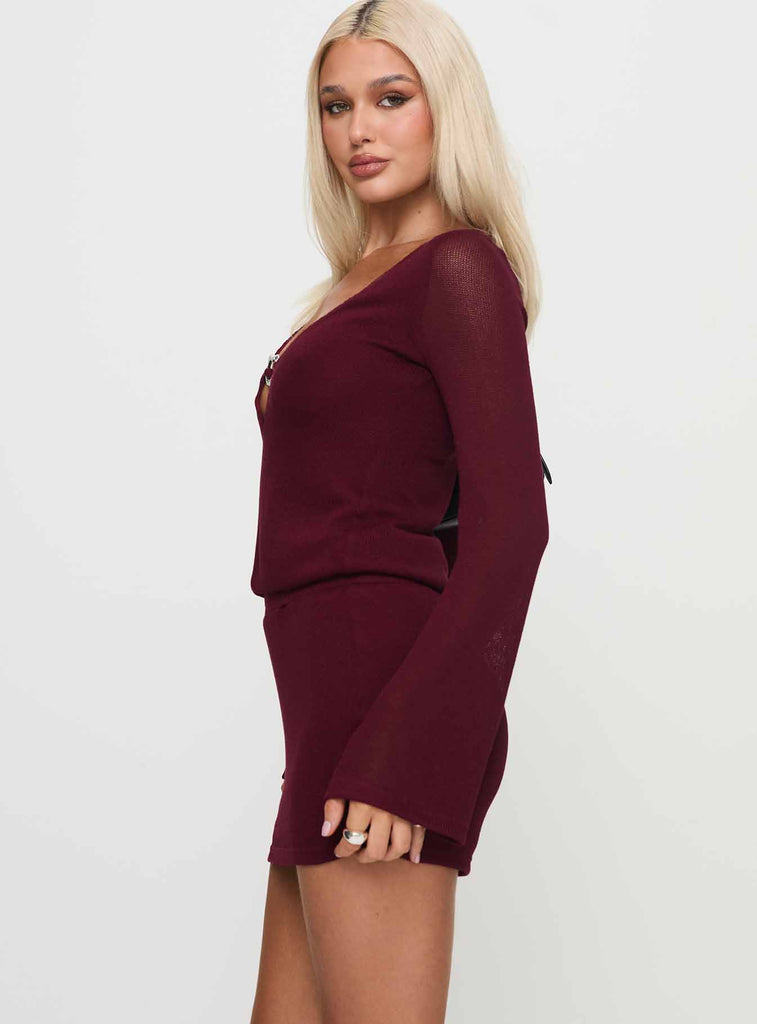 Charming Long Sleeve Mini Dress Maroon | Princess Polly