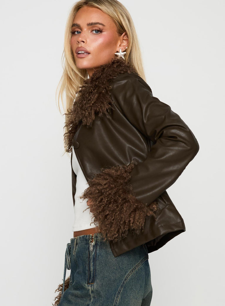 Cupid Clouds Faux Leather Jacket Brown | Princess Polly AU
