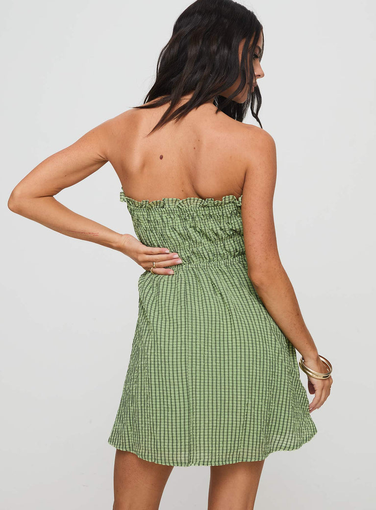 Paper Rings Strapless Shirred Mini Dress Green Check | Princess Polly AU