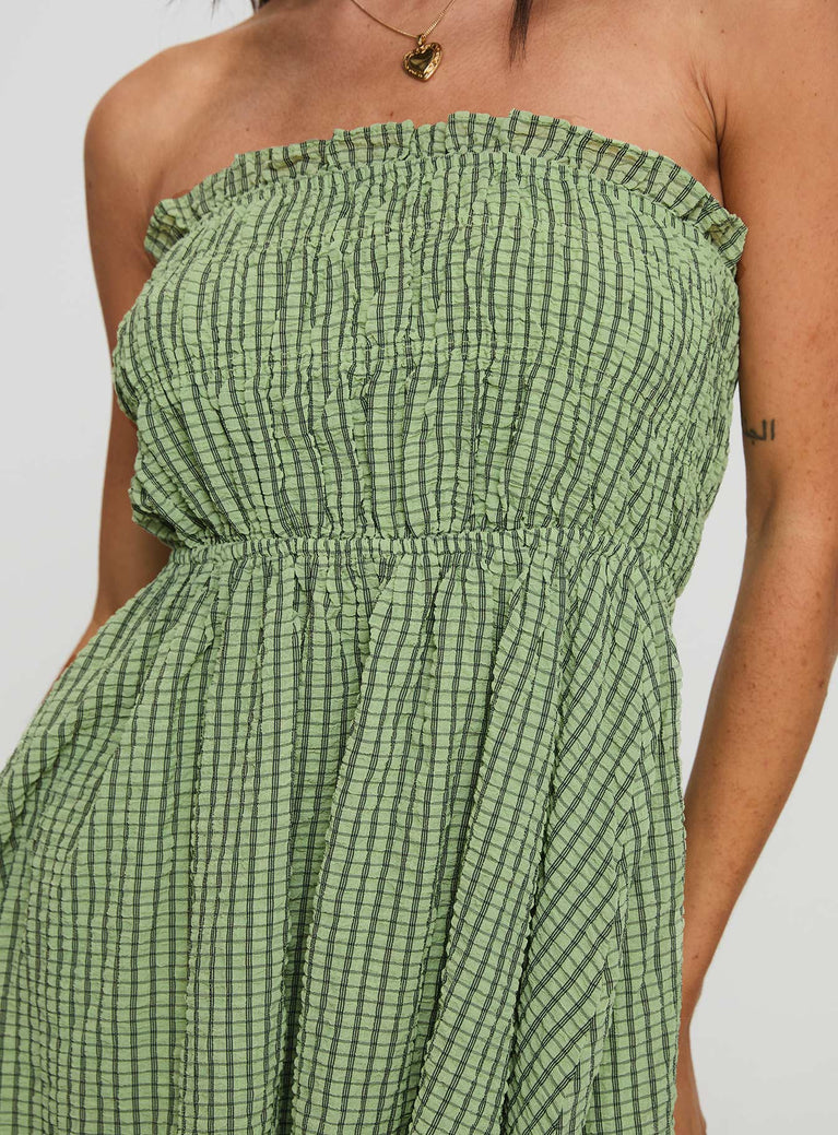 Paper Rings Strapless Shirred Mini Dress Green Check | Princess Polly AU