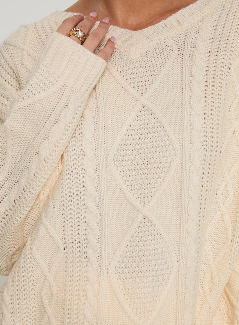 Homey Cable V Neck Sweater Cream | Princess Polly AU