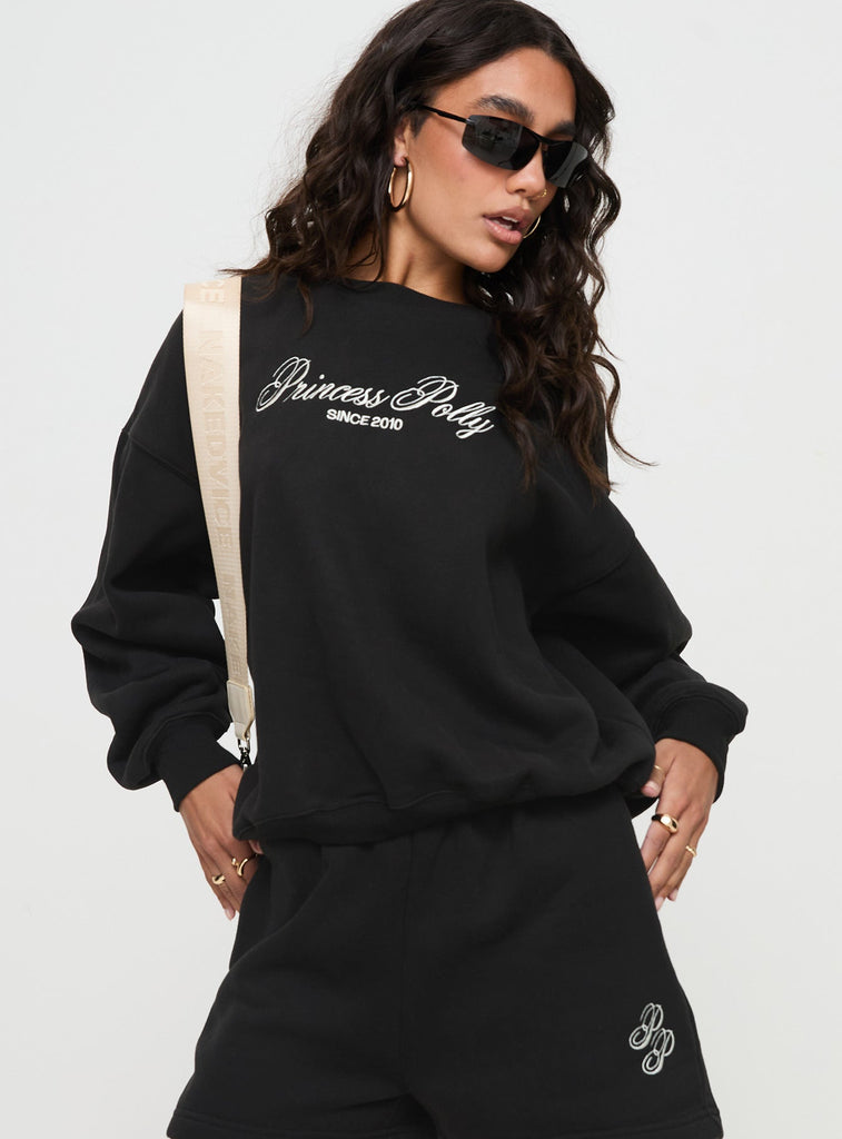 Princess Polly Crew Neck Sweatshirt Cursive Text Black Sand | Princess ...