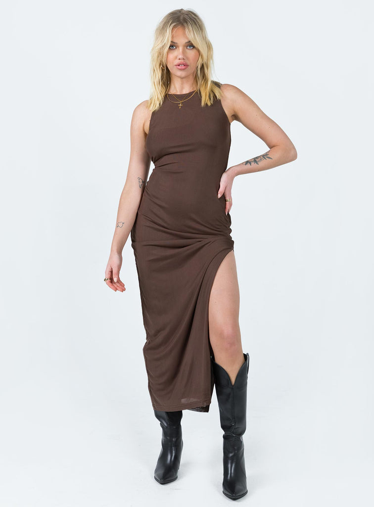 Brenly Mesh Maxi Dress Brown | Princess Polly
