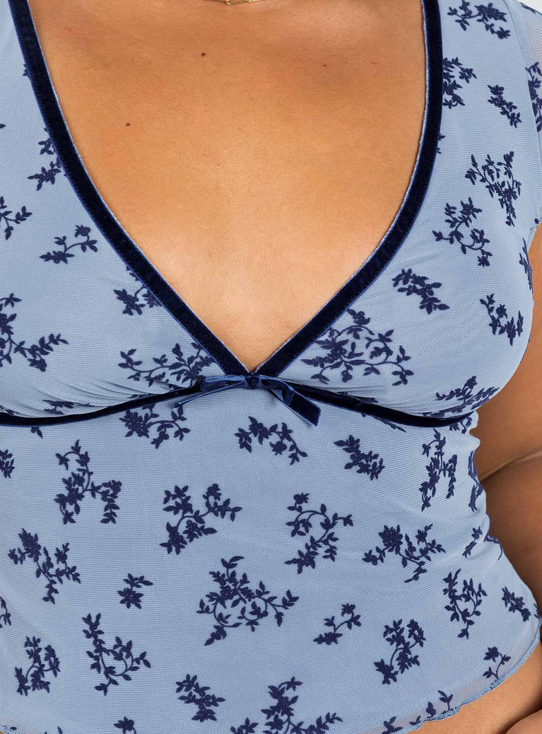 Motel Evilia Top Light Blue Black Botanist Flocking | Princess Polly AU